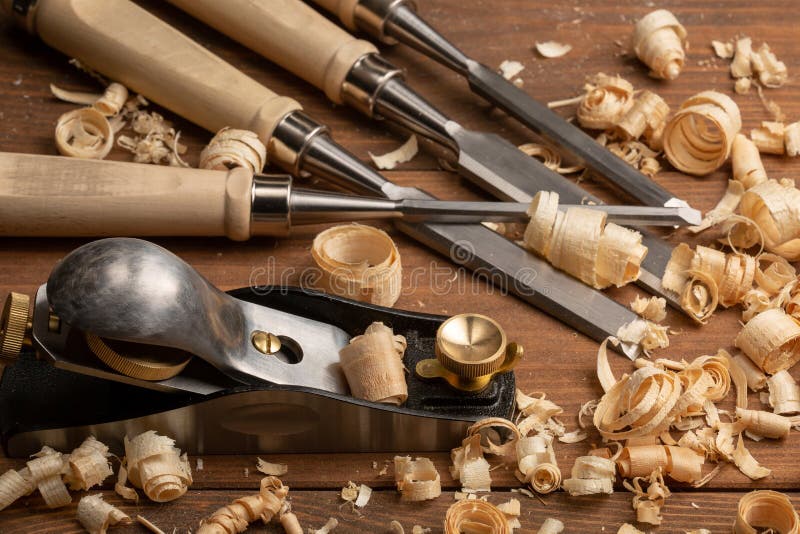 Chisel and Small Block Plane with Wood Shavings Stock Image - Image of ...