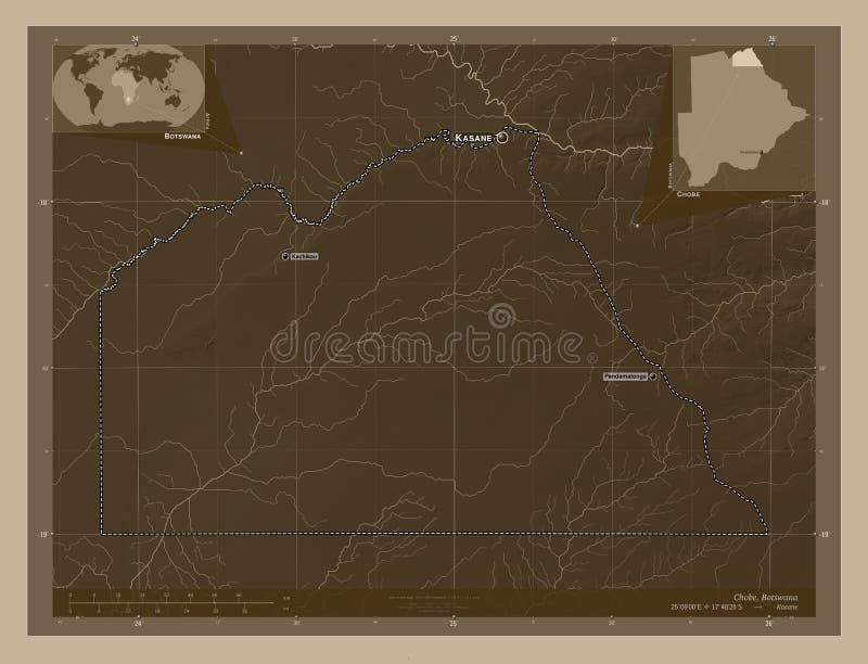 Chobe, Botswana. Sepia. Labelled Points of Cities Stock Illustration ...