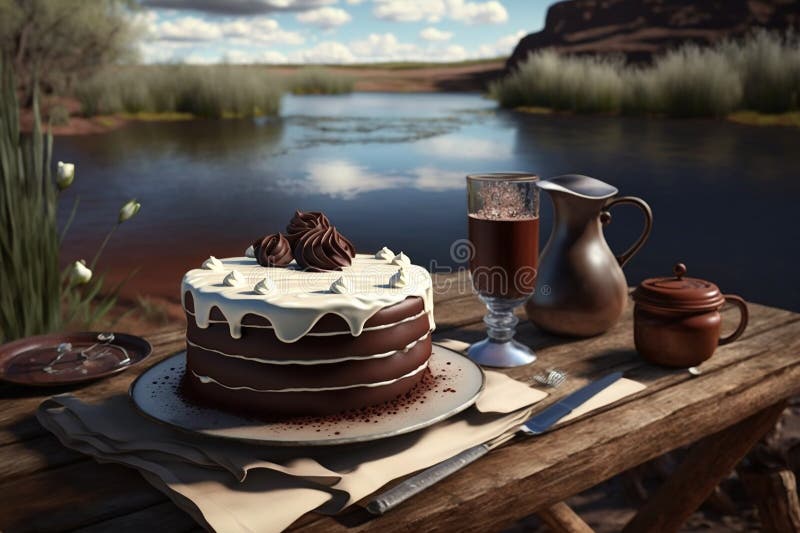 Chocolate Cake, Table, Next To River Stock Photo - Image of chocolate ...