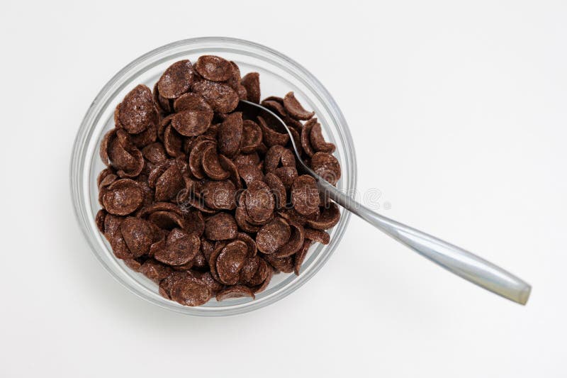 Choco Cereals Served in Glass Bowl with Spoon on White Stock Image ...