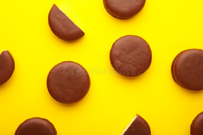 Choco Pie Chocolate Coated Snacks on Yellow Background Stock Photo ...