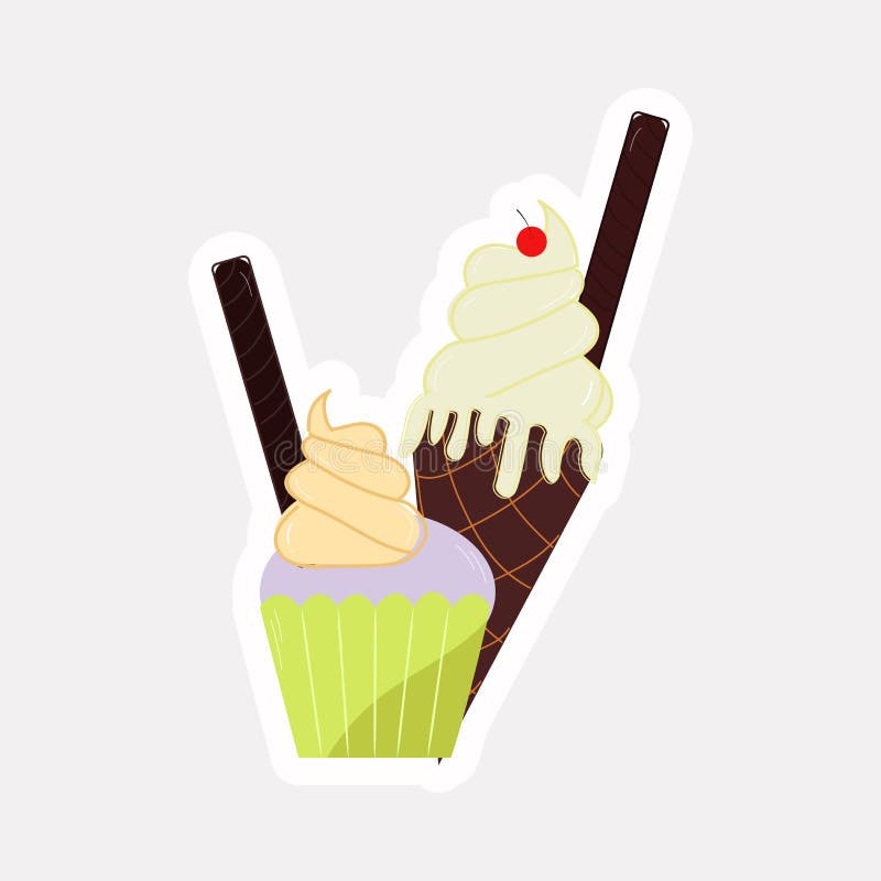 Choco Stick Cup Cake and Ice Cream Cone in Sticker Stock Illustration ...