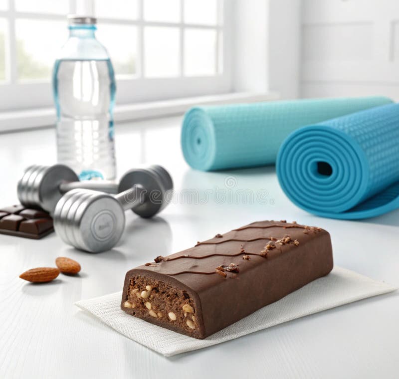 A Protein Chocolate Bar with Fitness Elements Such As a Waterbottle ...