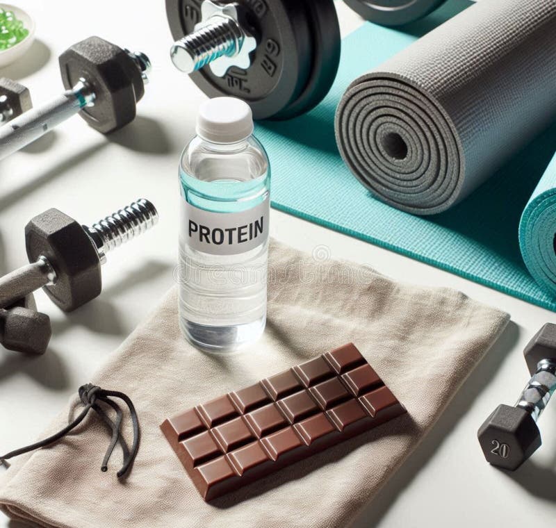 A Protein Chocolate Bar with Fitness Elements Such As a Waterbottle ...