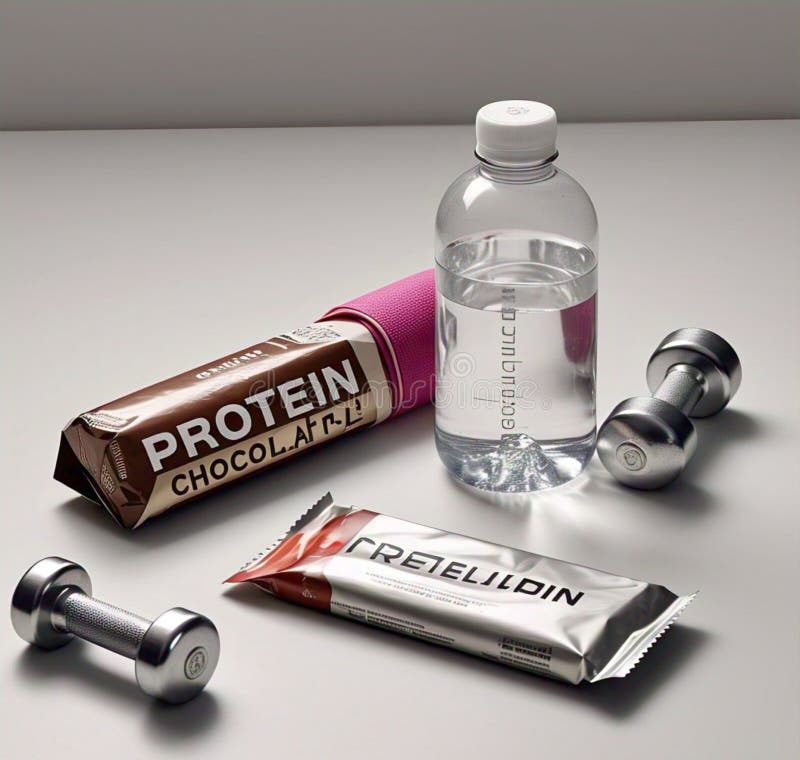 A Protein Chocolate Bar with Fitness Elements Such As a Waterbottle ...