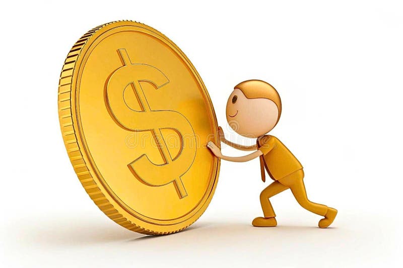 A Cartoon-style Character is Pushing a Large Gold Coin with a Dollar ...