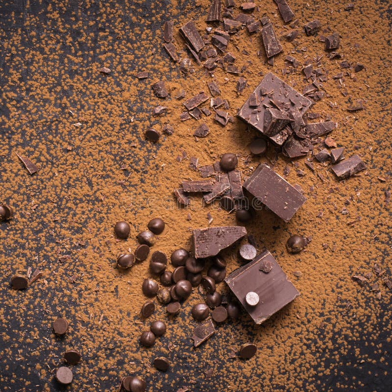 Chocolate Background. Pieces and Drops of Chocolate, Cocoa Powder on ...