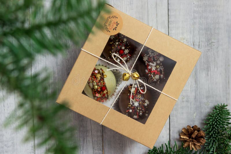 Chocolate Ball in a Box, on the Christmas Table. View from Above Stock ...
