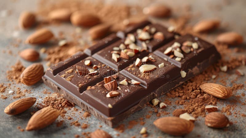 A Chocolate Bar with Almonds Surrounded by Cocoa Powder and Whole Nuts ...