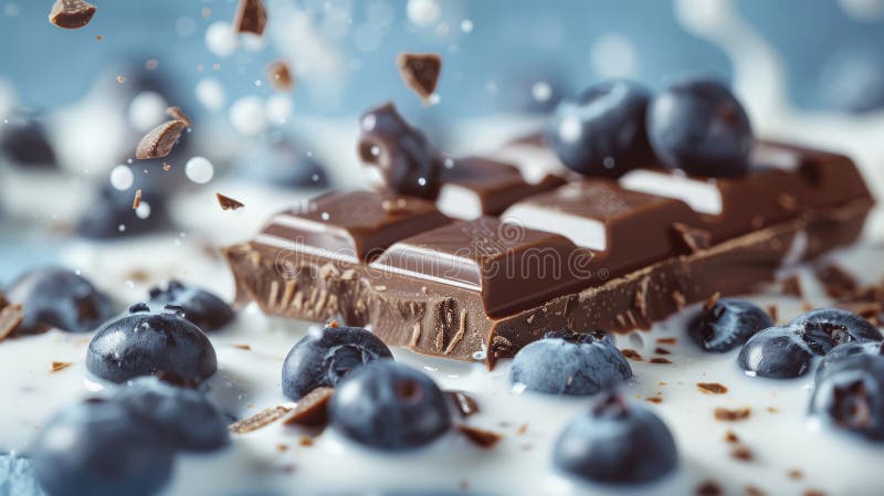 Chocolate Bar and Blueberries with Milk Splashes Stock Photo - Image of ...