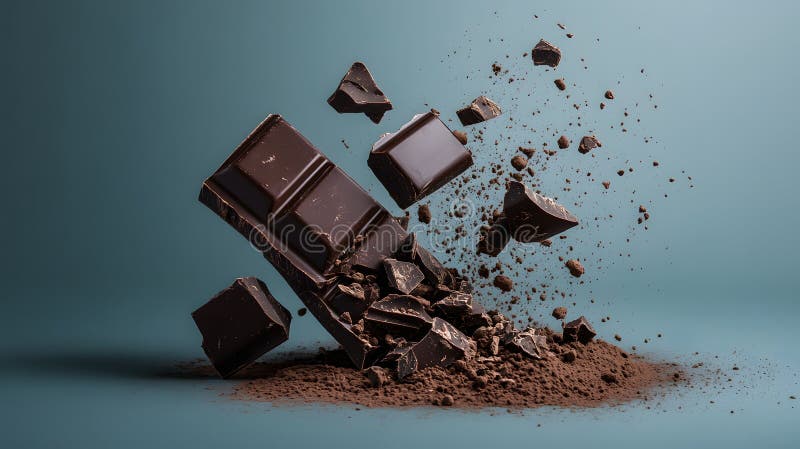 A Chocolate Bar Breaking Apart with Pieces and Crumbs Falling on a Blue ...