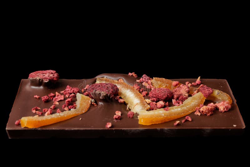 Chocolate Bar with Candied Orange Peel and Raspberry Isolated on White ...