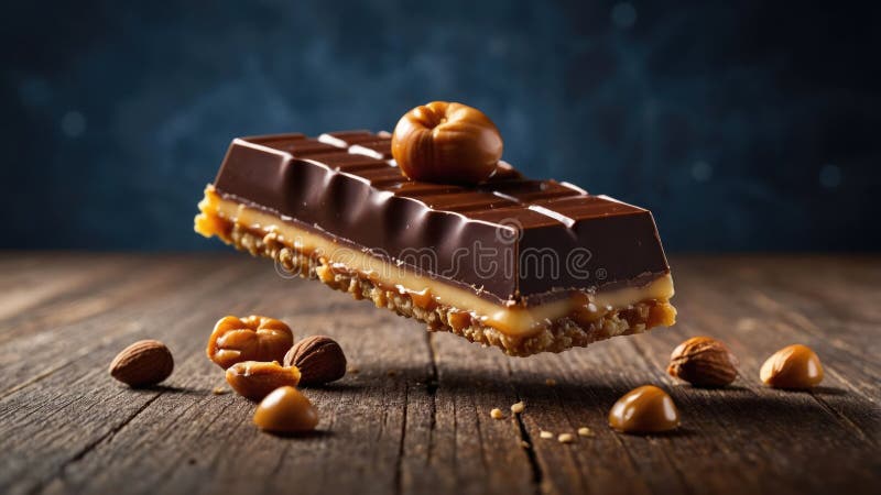 Delicious Caramel and Nut Chocolate Bar, Floating Above Wooden Surface ...