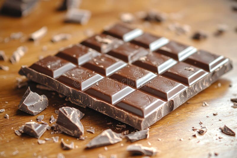 A Chocolate Bar with Chunks Broken Off, Placed on a Wooden Table Stock ...