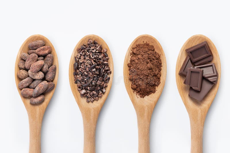 Chocolate Bar, Cocoa Powder, Cacao Beans and Nibs, Heap in Wooden ... Chocolate Bar, Cocoa Powder, Cacao Beans and Nibs, Heap in Wooden ...