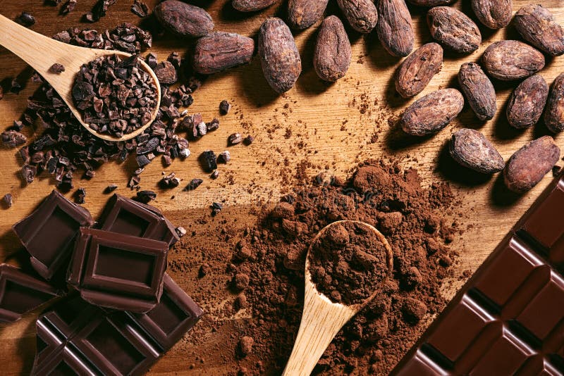 Chocolate Bar, Cocoa Powder, Cacao Beans and Nibs, Heap in Wooden ... Chocolate Bar, Cocoa Powder, Cacao Beans and Nibs, Heap in Wooden ...