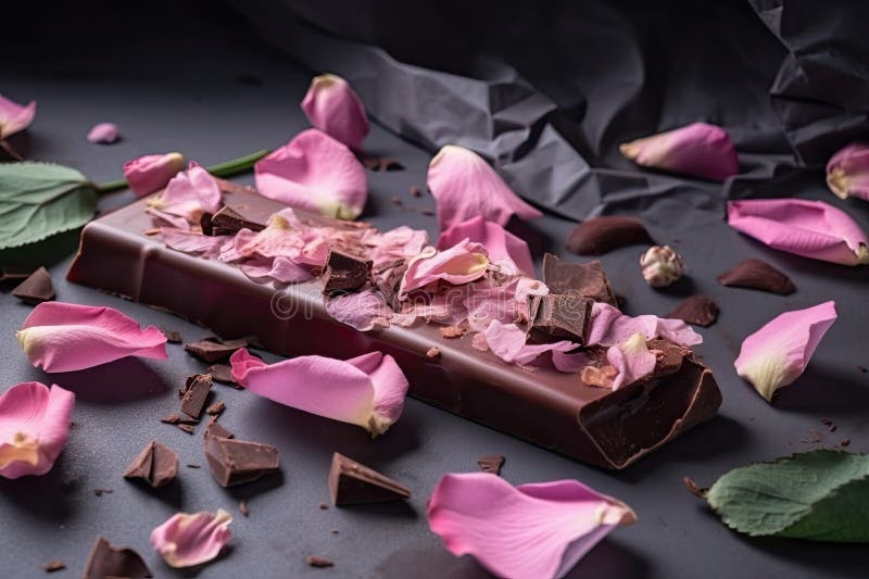 Chocolate Bar with Delicate Rose Petals and Leaves on the Wrapper Stock ...