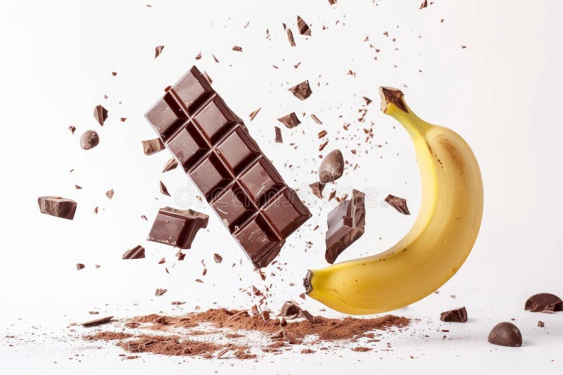 Chocolate Bar Exploding Near a Banana Against White Background Stock ...