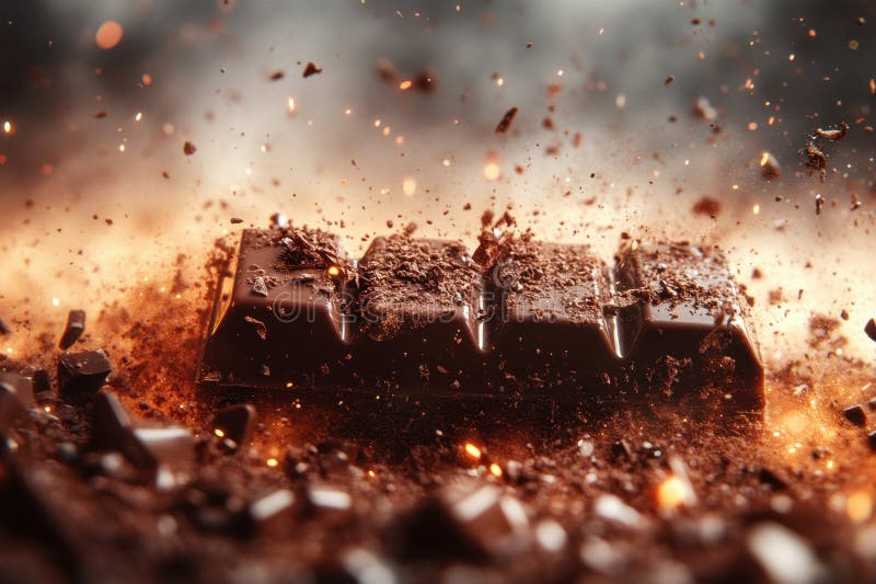 Chocolate Bar Exploding with Rich Fragments and Sparks on a Fiery ...