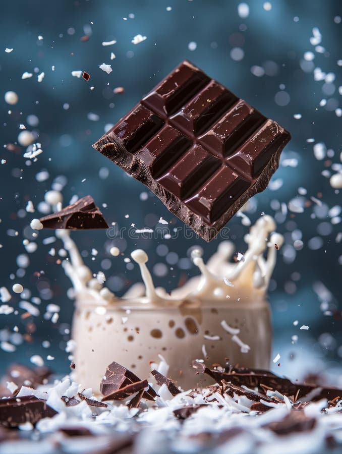 Chocolate Bar and Milk Splash with Scattered Pieces and Flakes Stock ...