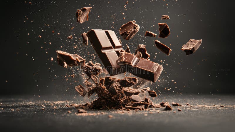 Chocolate Bar and Pieces Exploding on Dark Background Stock Photo ...