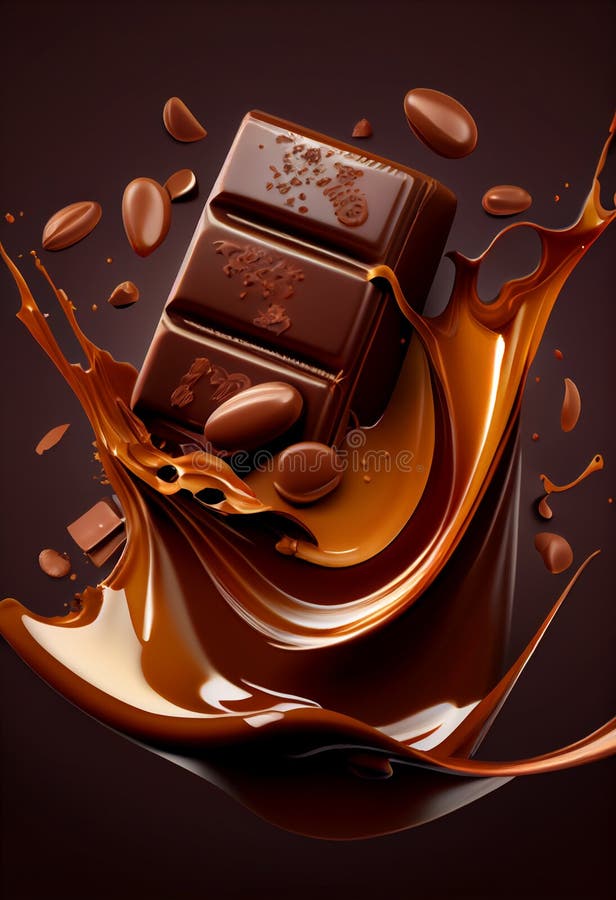 Chocolate Bar and Nuts in a Wave of Melted Chocolate. AI Generated ...