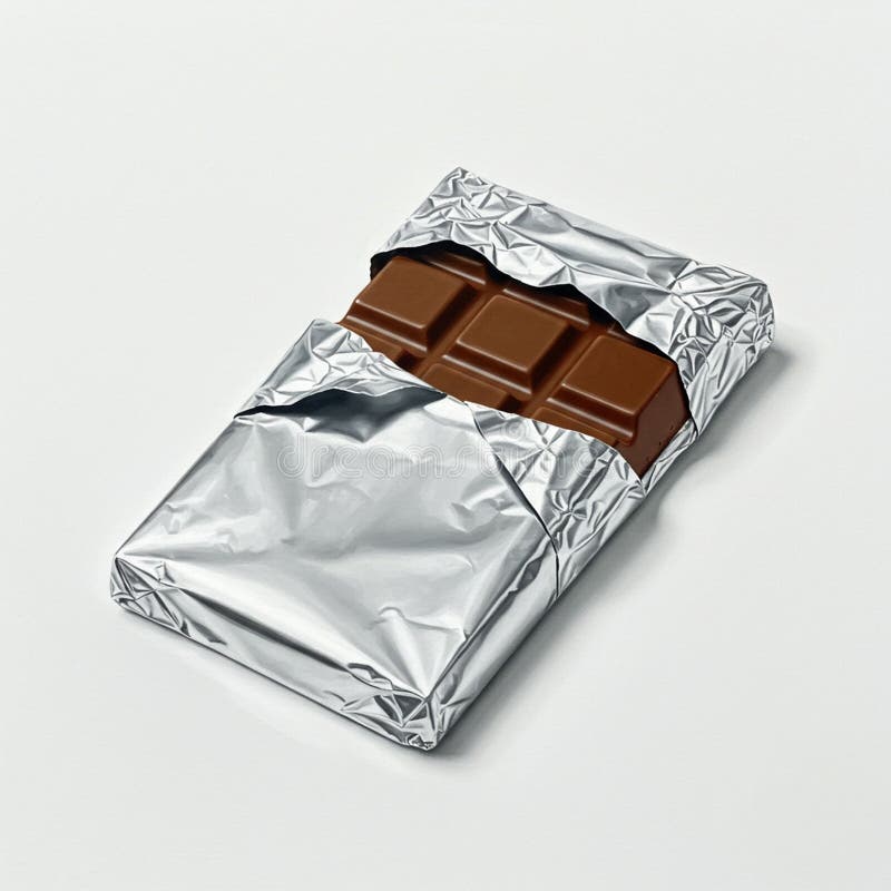 A Chocolate Bar Partially Wrapped in a Crumpled, Shiny Silver Foil is ...