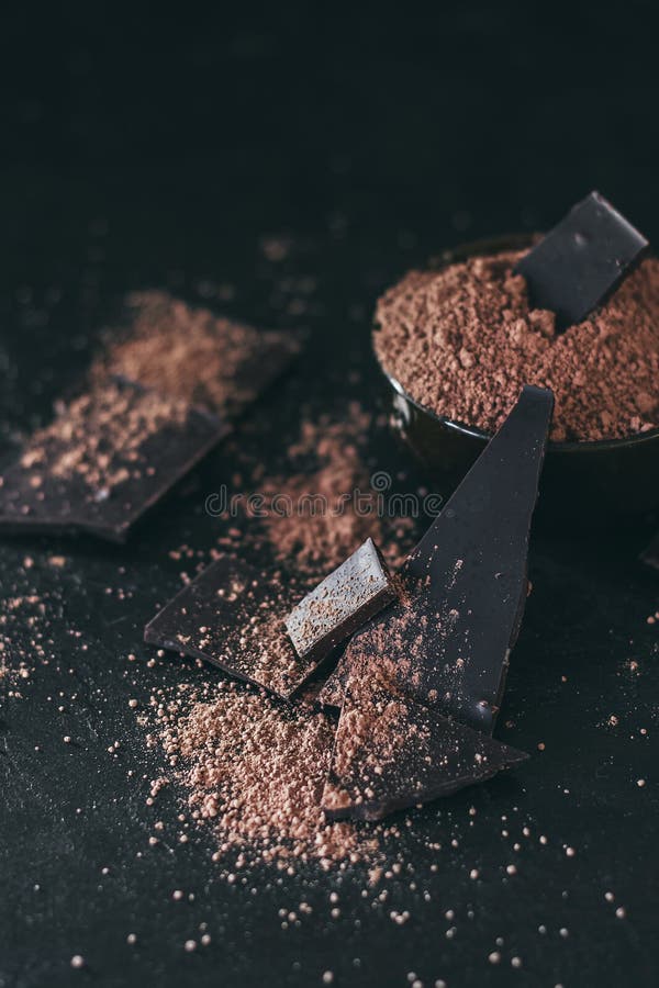 Chocolate Bar Pieces with Cocoa Powder on Dark Background, Cope Space ...