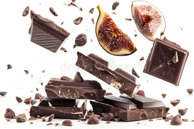 Chocolate Bar Pieces Falling with Fresh Fig Slices and Cocoa Beans ...