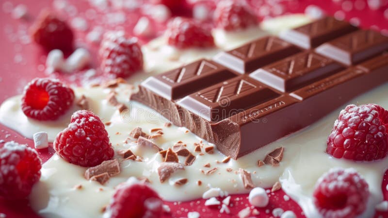 Chocolate Bar with Raspberries on Melted White Chocolate Stock Photo ...