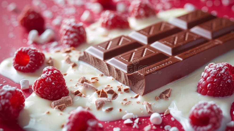 Chocolate Bar with Raspberries on Melted White Chocolate Stock Photo ...