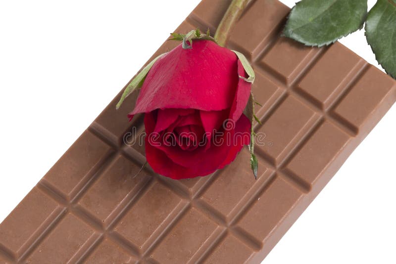 A Chocolate Bar with a Red Rose Flower Stock Photo - Image of milk ...