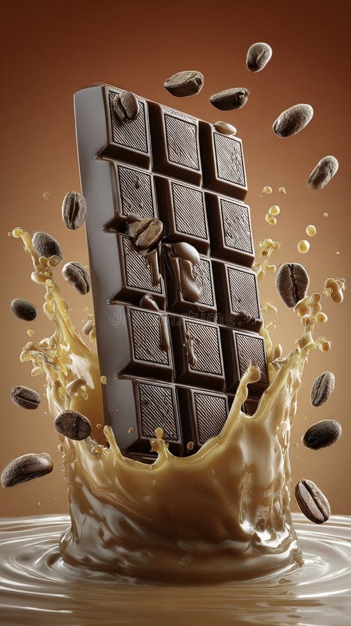 Chocolate Bar Splashes into Caramel and Coffee Beans Create a Rich ...