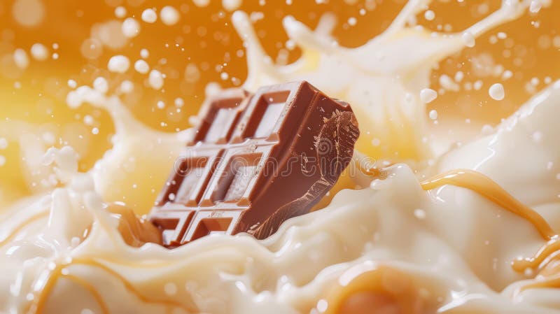 Chocolate Bar Splashing into Milk with Caramel Syrup. Stock Image ...