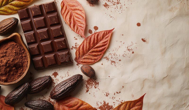 Chocolate Bars, Cocoa Beans and Powder. Top View Copy Space for Text ...