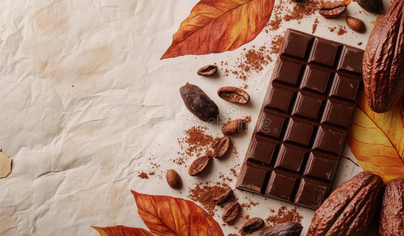 Chocolate Bars, Cocoa Beans and Powder. Top View Copy Space for Text ...