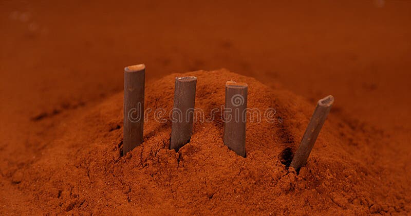 Chocolate Bars Falling on Black Chocolate Powder Stock Photo - Image of ...