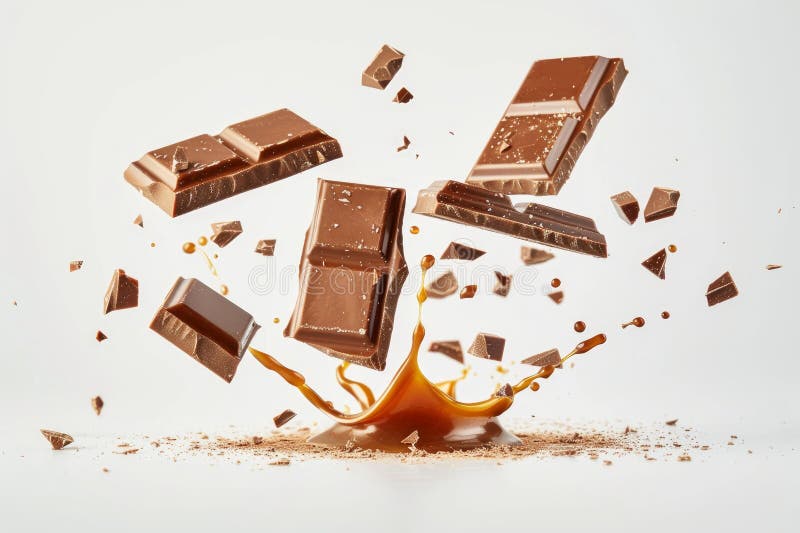 Chocolate Bars Falling and Splashing into Liquid Caramel Stock Photo ...