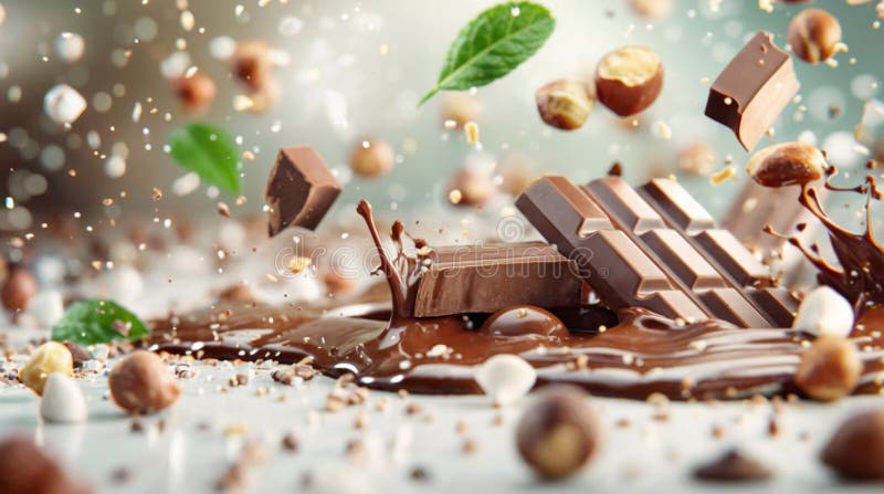 Chocolate Bars and Hazelnuts Fall into a Pool of Melted Chocolate ...