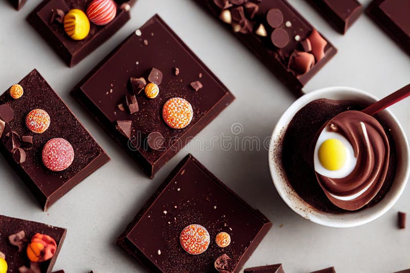 Chocolate Bars with Multi-colored Marmalade and Liquid Hot Chocolate in ...