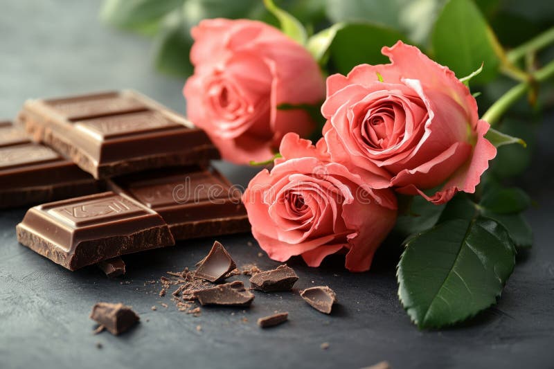 Chocolate Bars and Pink Roses Symbolize Love and Create a Romantic ...