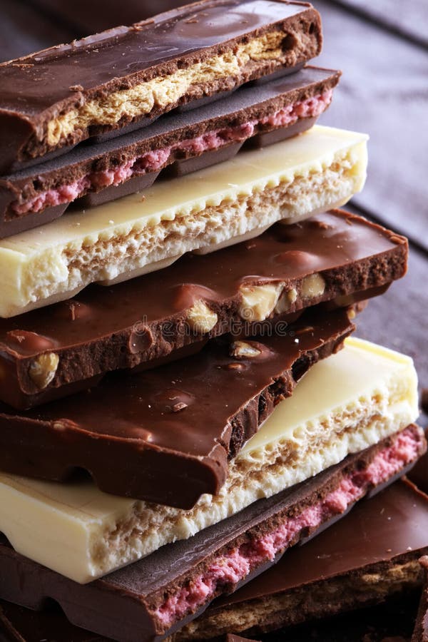 Chocolate Bars on Table with Chocolate Tower. Stock Image - Image of ...