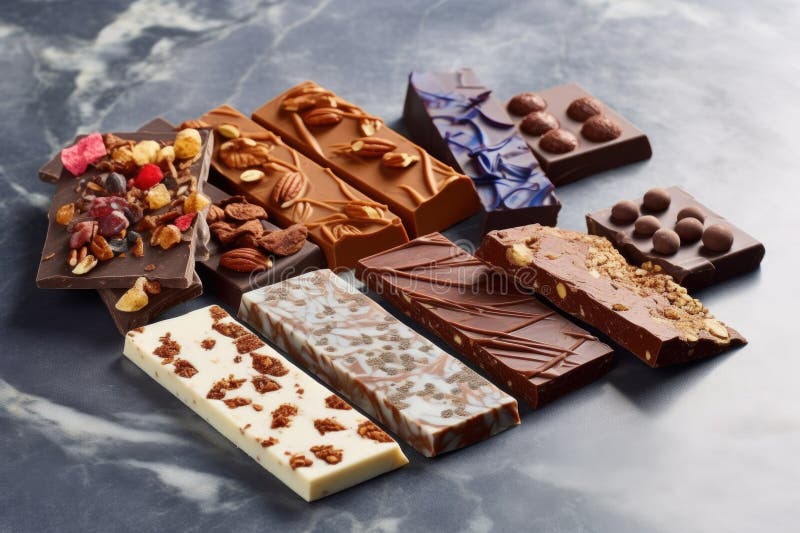 Chocolate Bars with Various Gourmet Toppings on Marble Surface Stock Illustration - Illustration ...