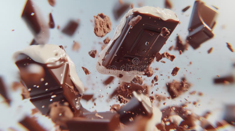 Chocolate Bars and White Cream Exploding on Light Background Stock ...