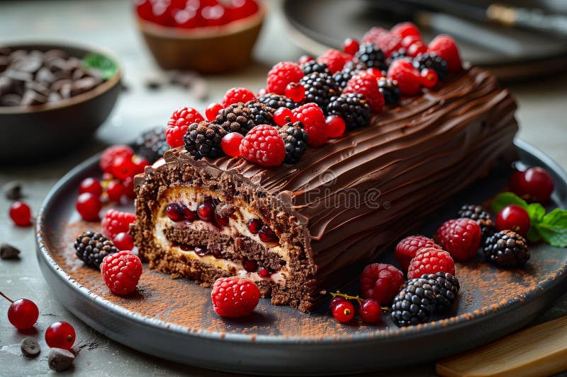 Chocolate Berry Roll Cake with Berries and Chocolate Stock Image ...