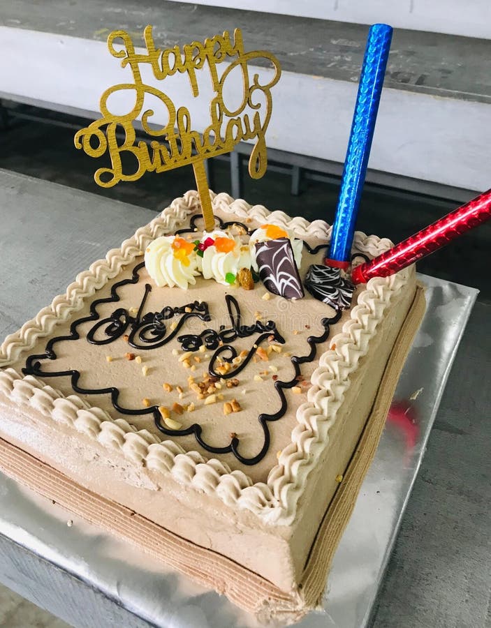 Chocolate Birthday Cake with Two Fire Candles Stock Image - Image of ...