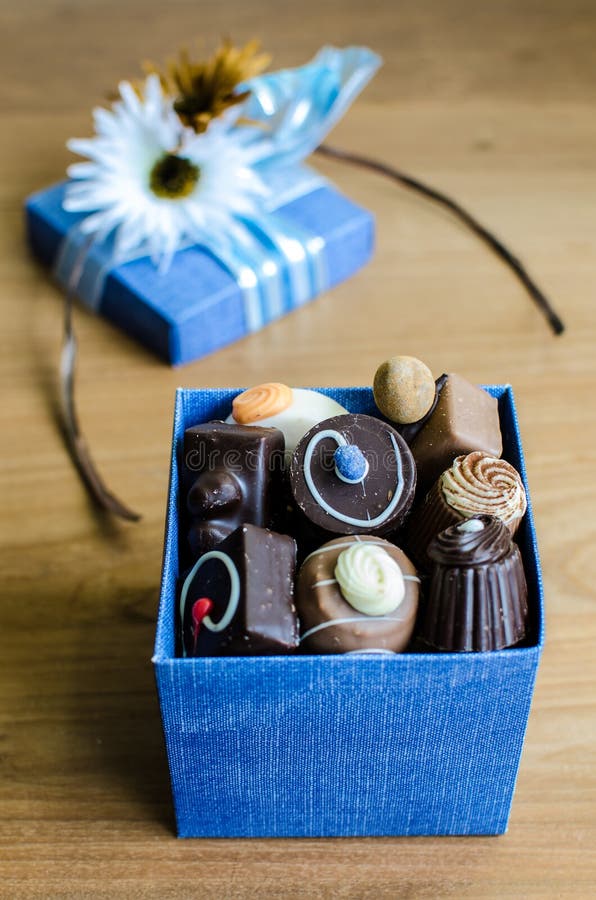 Chocolate in blue box stock image. Image of gourmet, food - 50754347