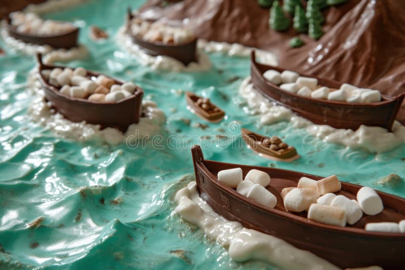 Chocolate Boats with Marshmallows on a Sea of Mint Candy Stock ...