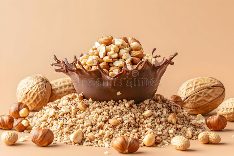 Chocolate Bowl Overflowing with Mixed Nuts and Nut Crumble Stock Photo ...