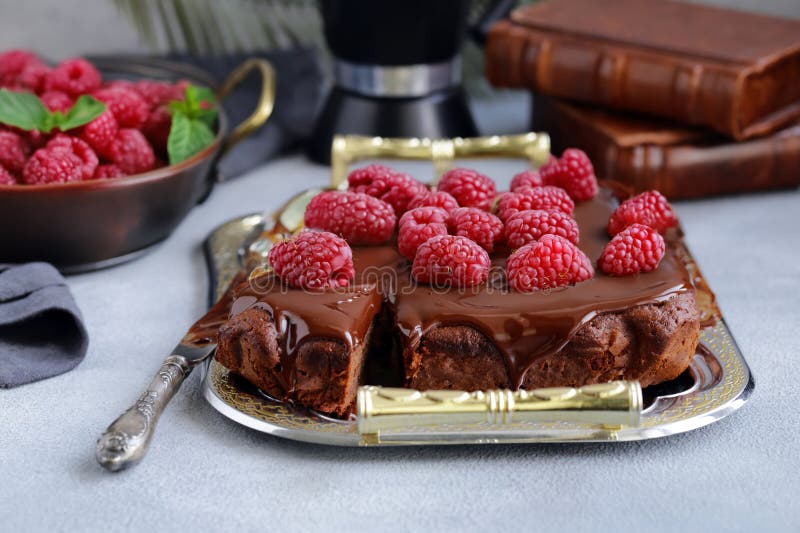 Brownie Cake with Raspberries Stock Photo - Image of life, indulgence ...